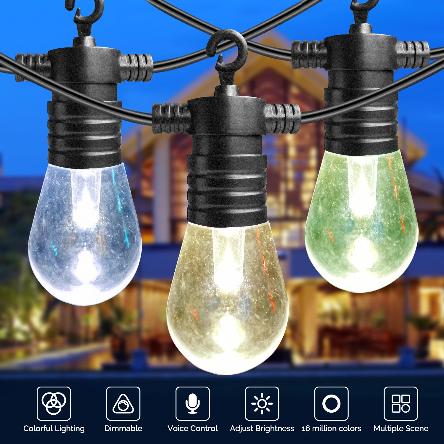Smart Outdoor Patio Lights – 48FT string length , 15 Smart RGB LED bul ...